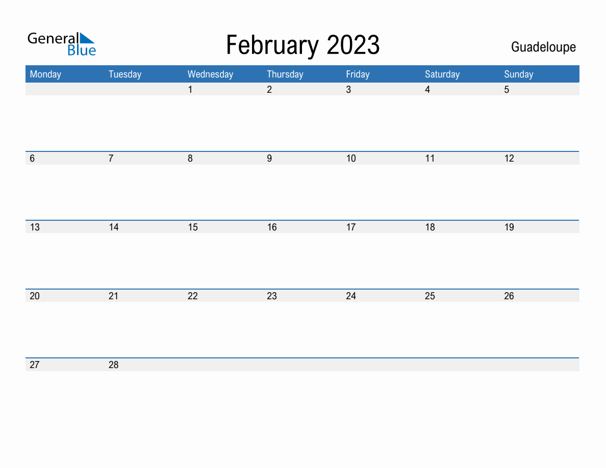Editable February 2023 Calendar with Guadeloupe Holidays (Monday Start)