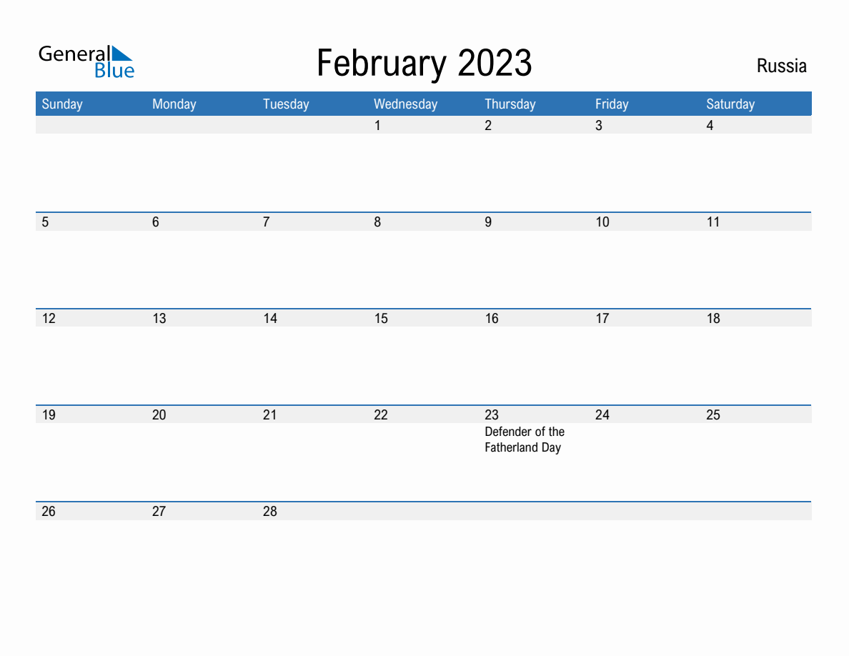 February 2023 Monthly Calendars with Russia Holidays