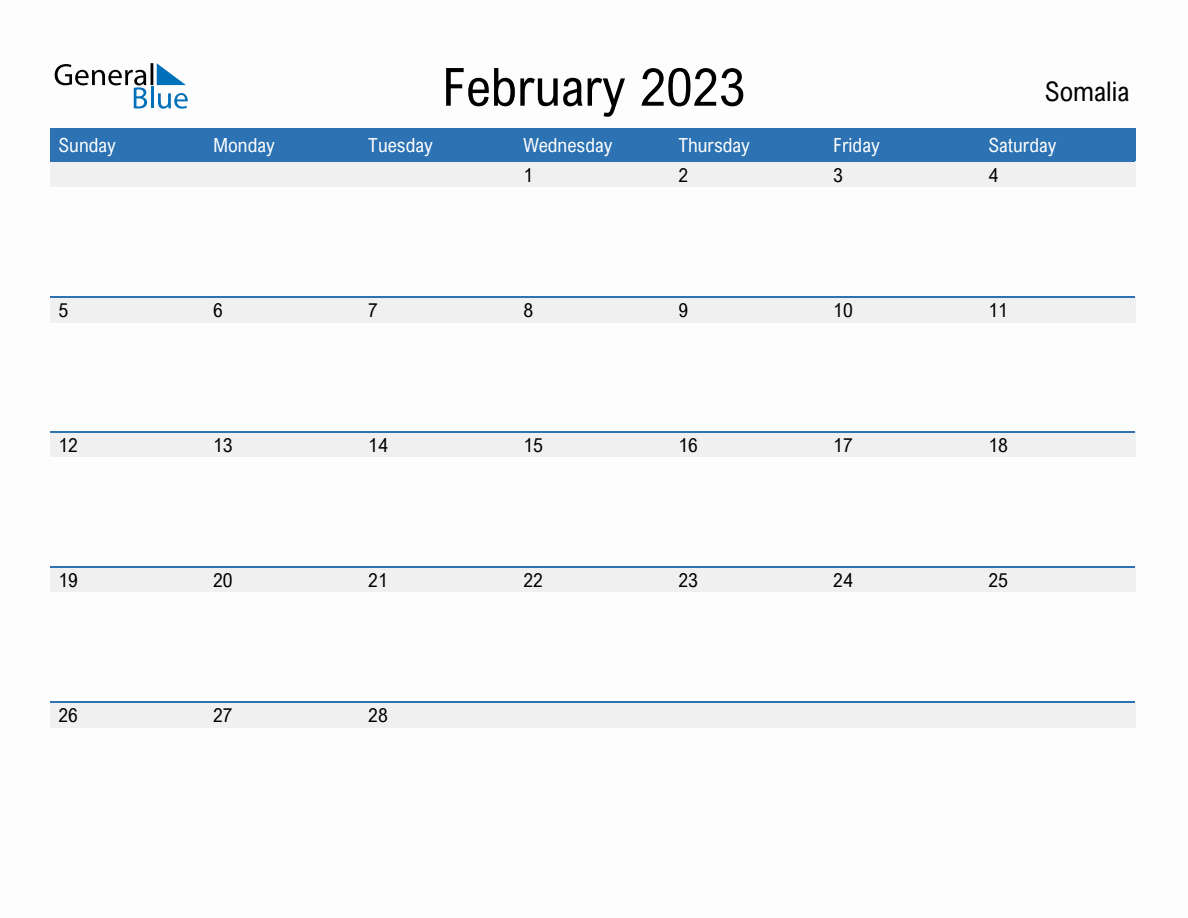 Editable February 2023 Calendar with Somalia Holidays