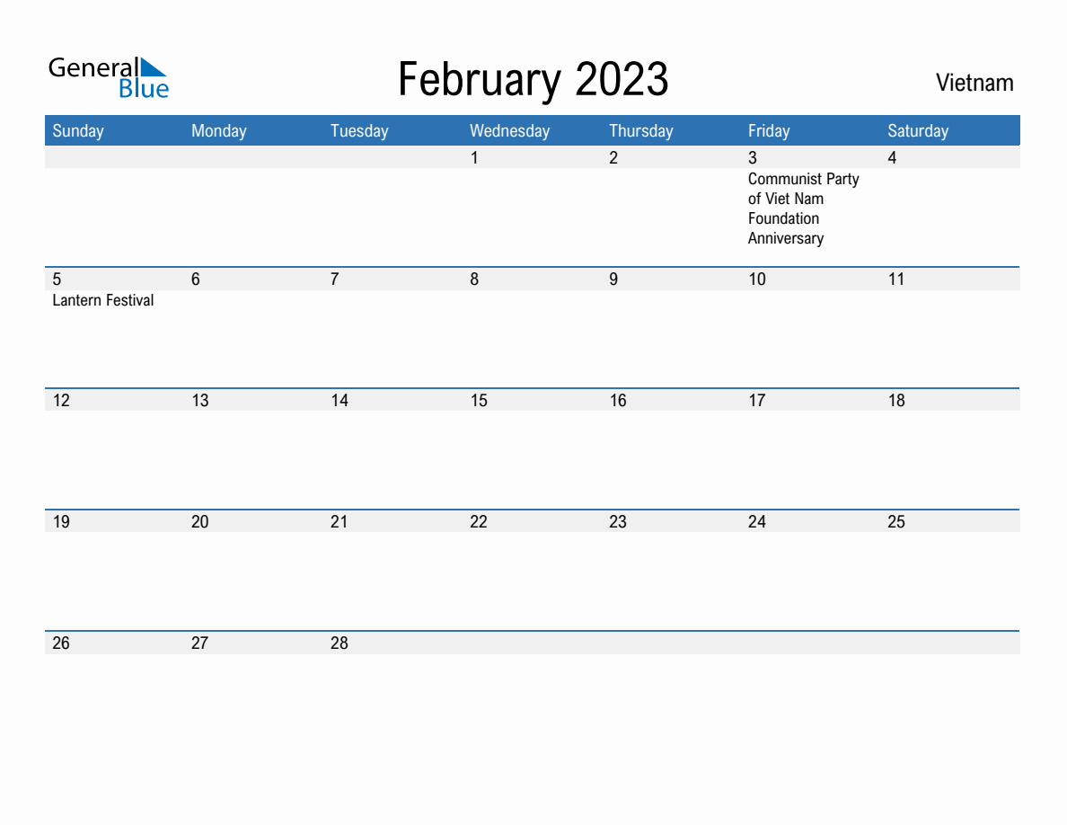 Editable February 2023 Calendar with Vietnam Holidays