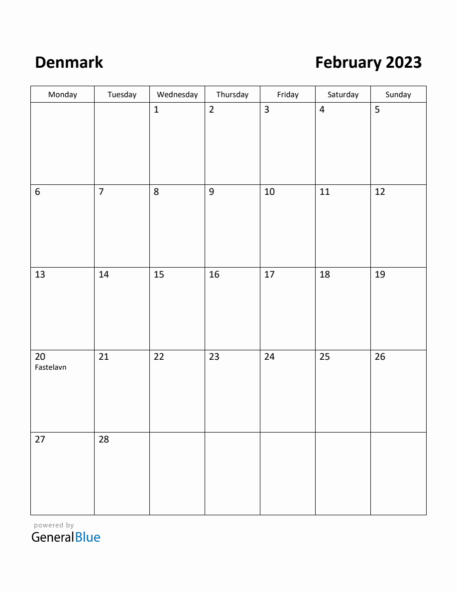 Free Printable February 2023 Calendar for Denmark (Monday Start)