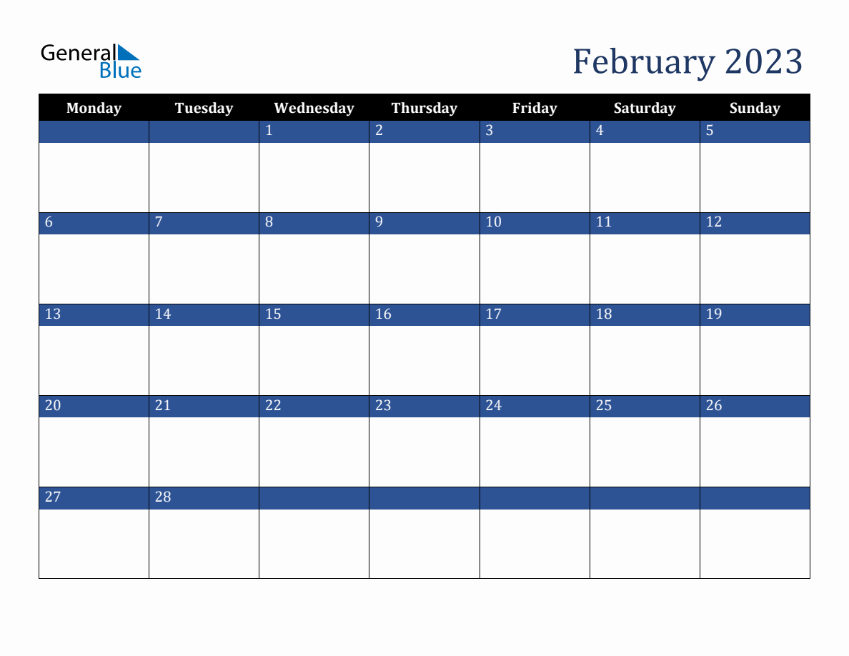 February 2023 Downloadable Monday Start Calendar