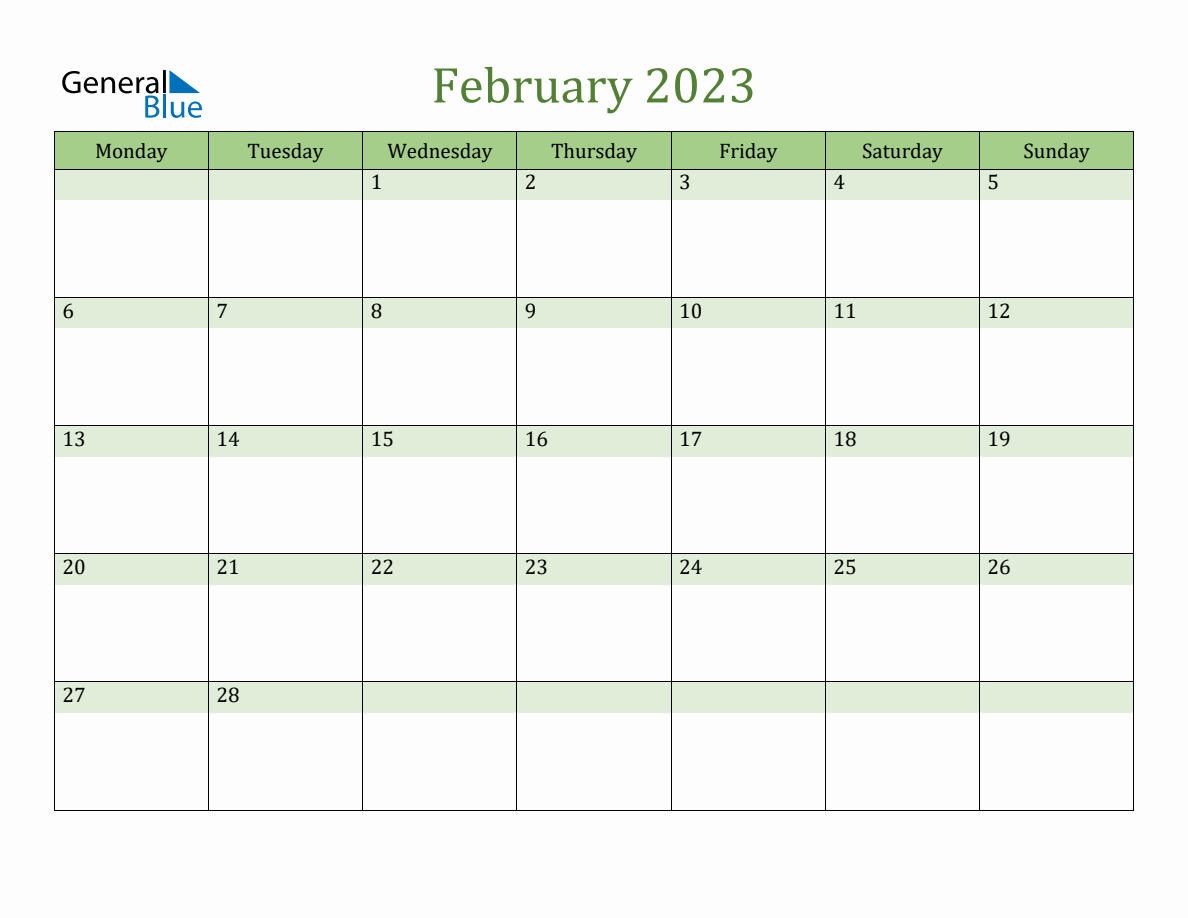 Fillable February 2023 Calendar - Monday Start
