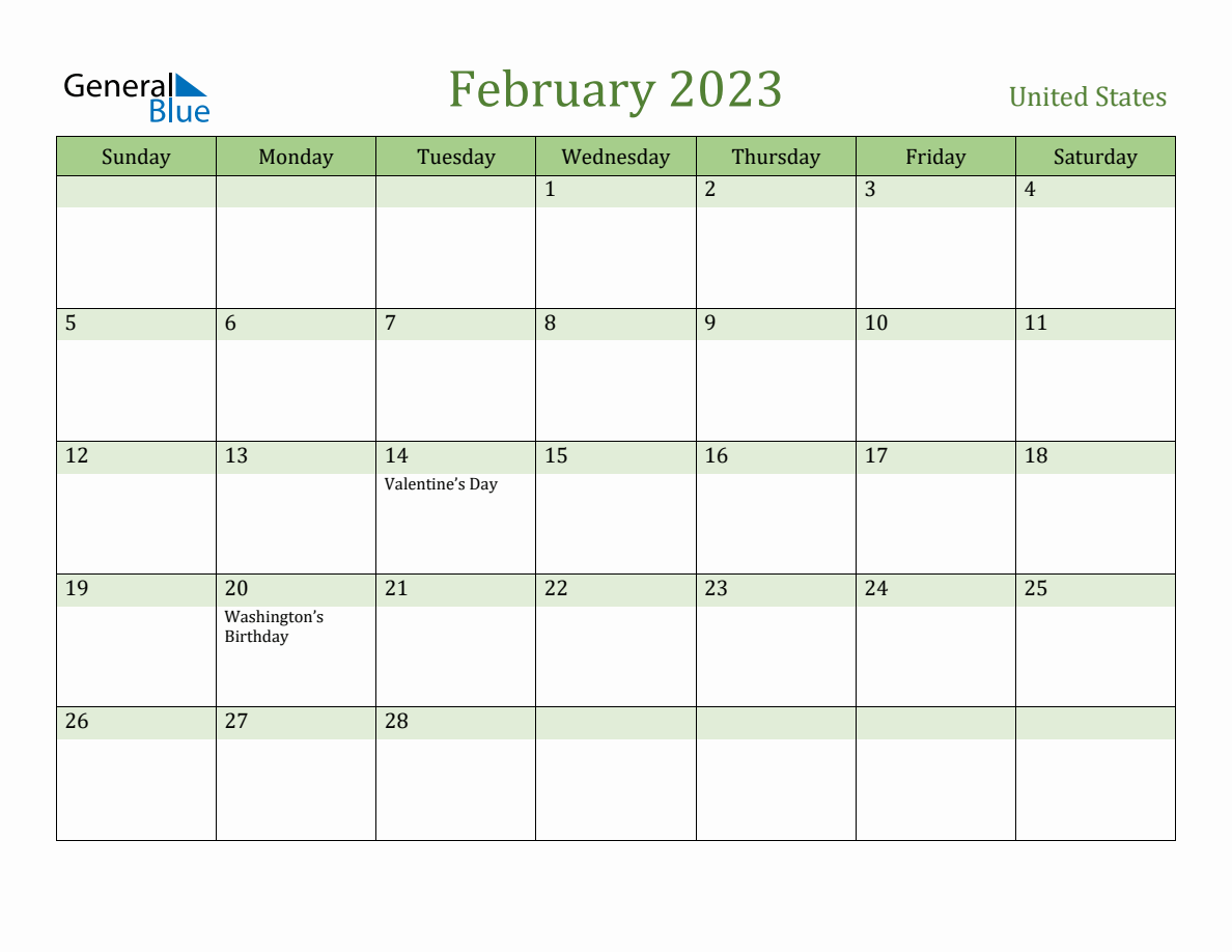 Fillable Holiday Calendar for United States - February 2023