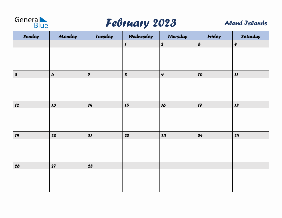 February 2023 Monthly Calendar Template with Holidays for Aland Islands