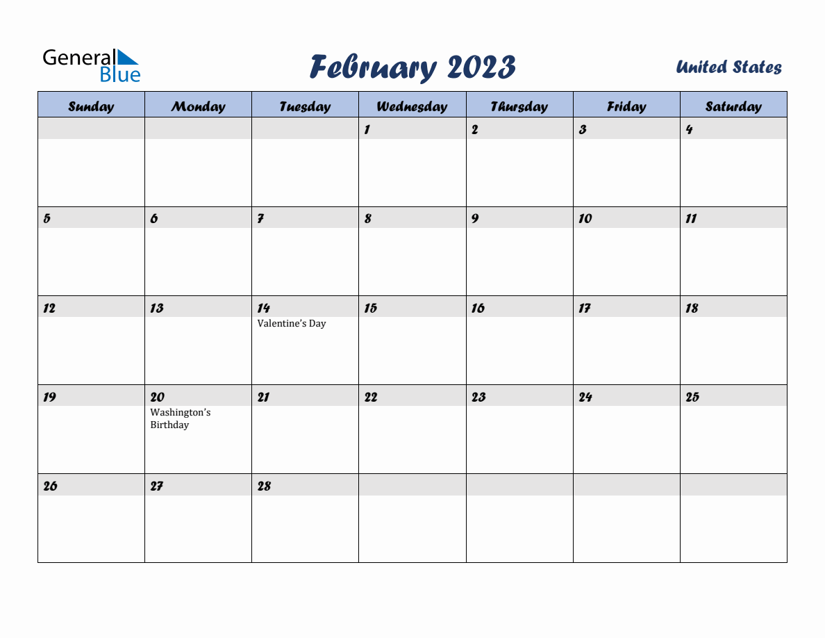 February 2023 Monthly Calendar Template with Holidays for United States
