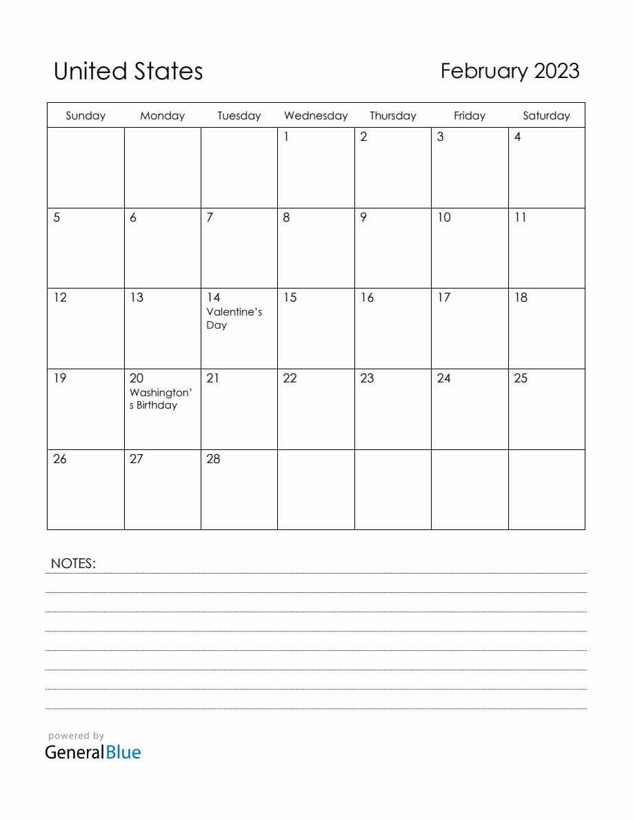 February 2023 United States Calendar with Holidays