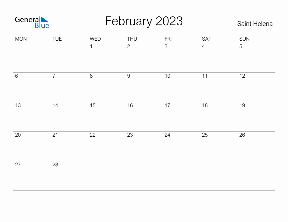 Printable February 2023 Monthly Calendar with Holidays for Saint Helena
