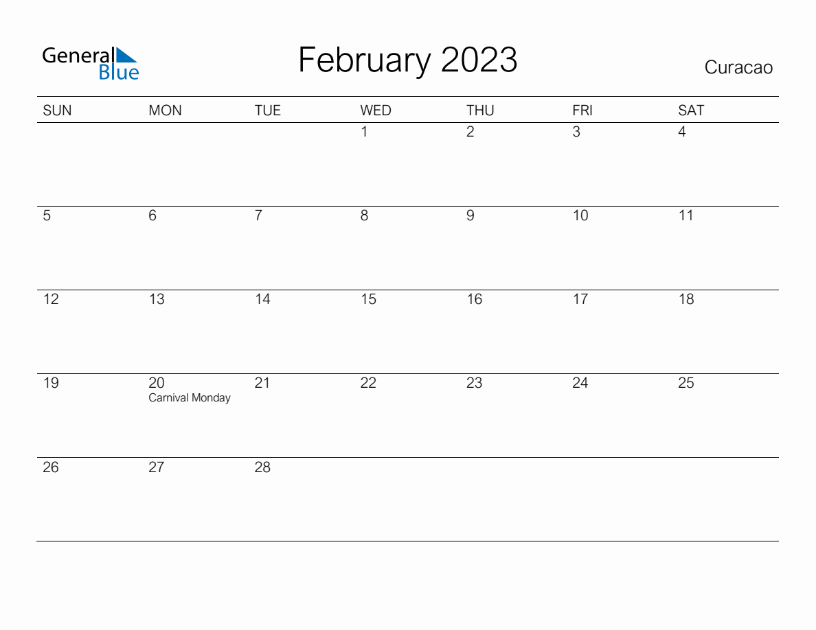 Printable February 2023 Monthly Calendar with Holidays for Curacao