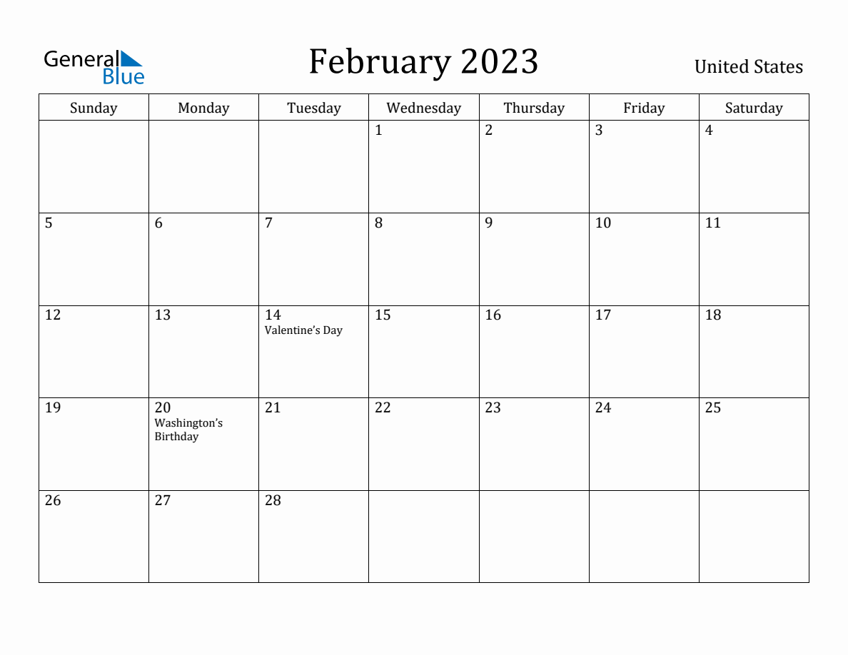 February 2023 Monthly Calendar with United States Holidays