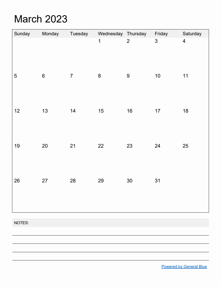 Free Printable Monthly Calendar for March 2023