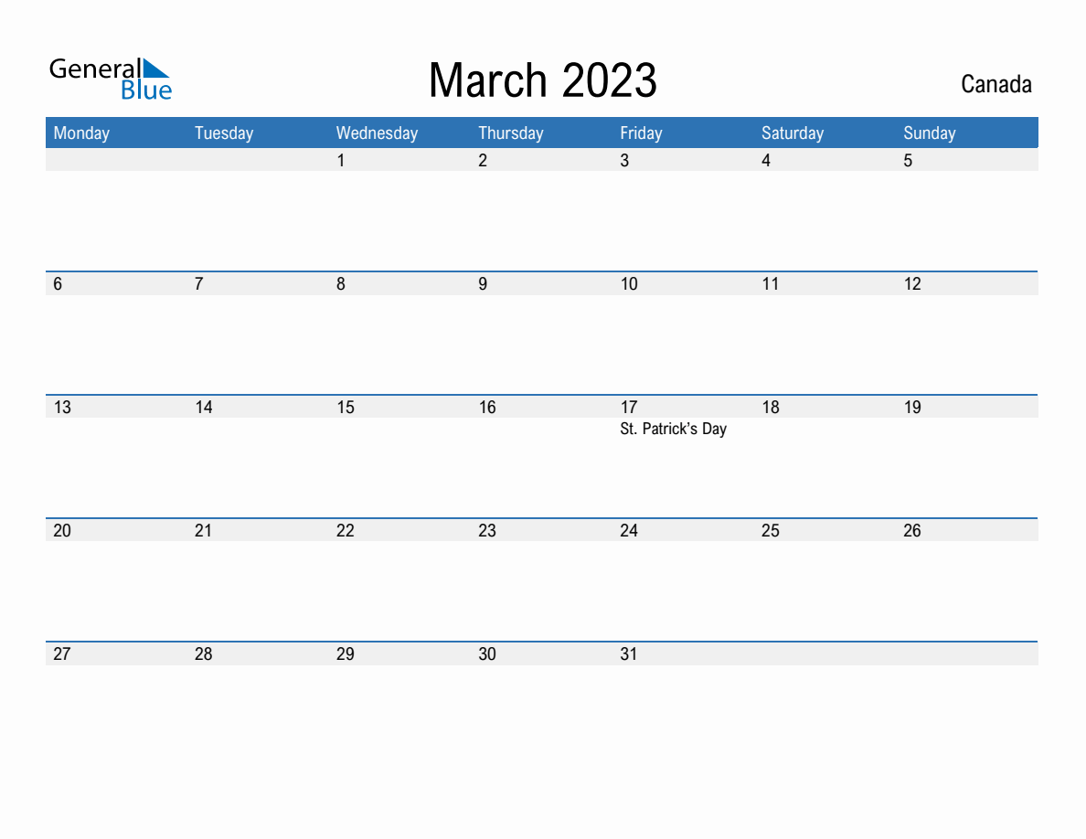 Editable March 2023 Calendar with Canada Holidays (Monday Start)