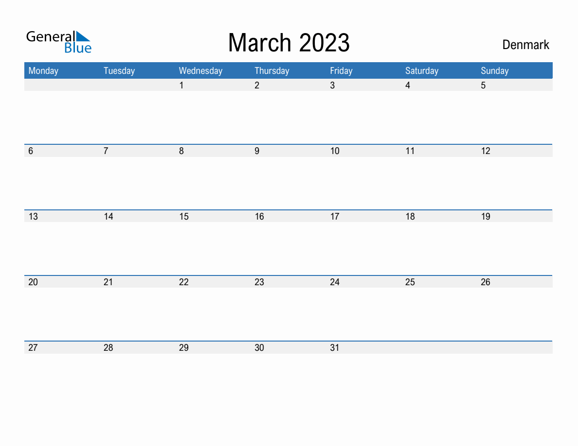 Editable March 2023 Calendar with Denmark Holidays