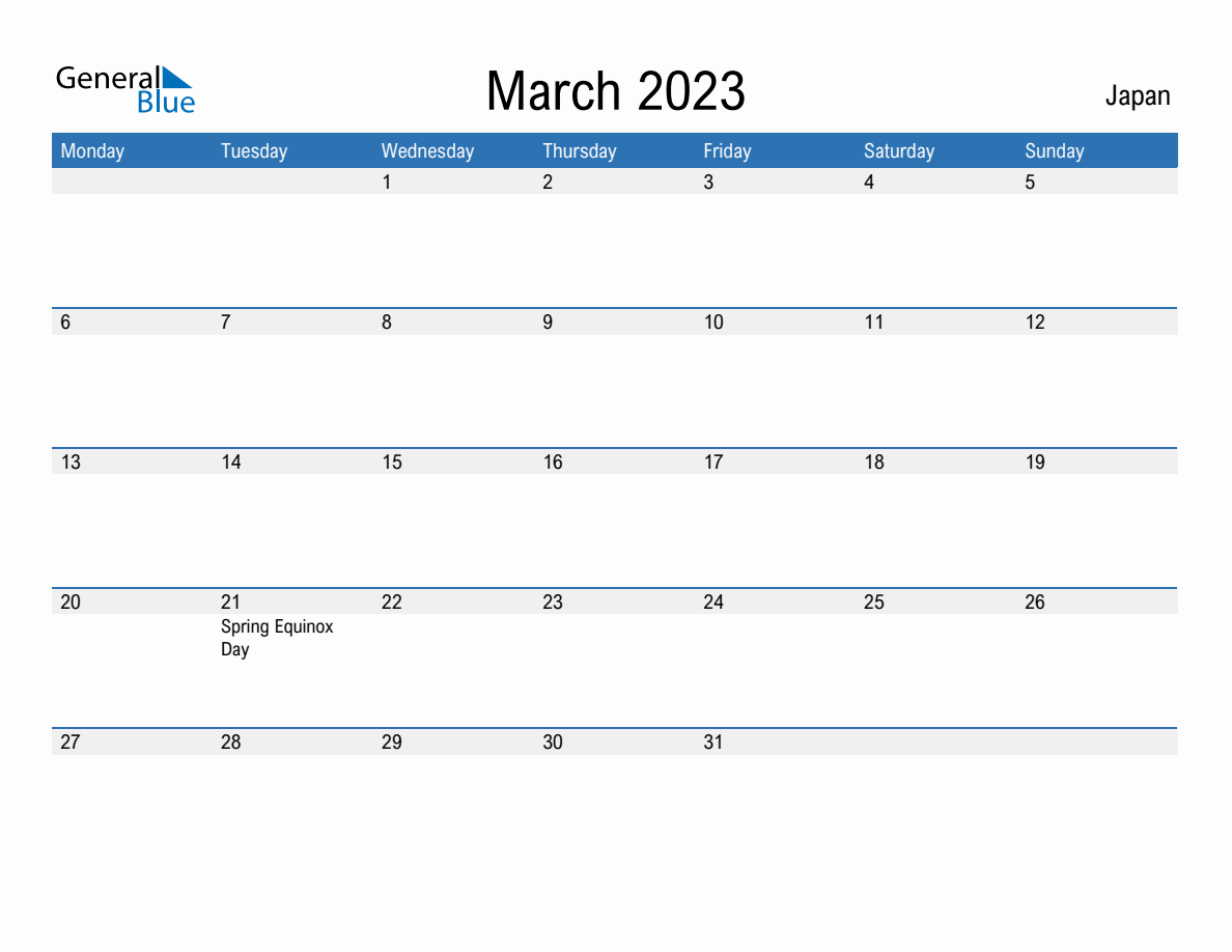 Editable March 2023 Calendar with Japan Holidays (Monday Start)