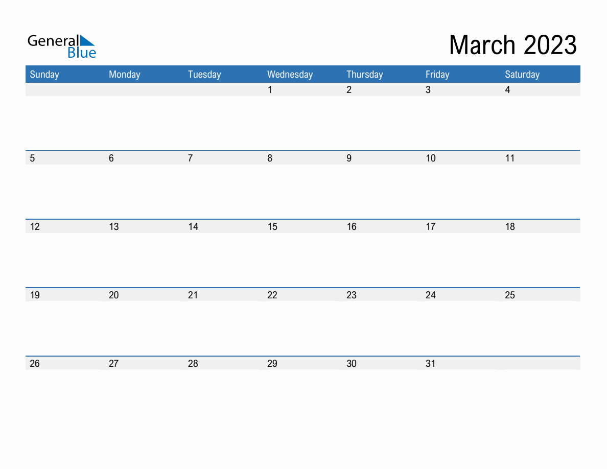 March 2023 Monthly Calendar (PDF, Word, Excel)