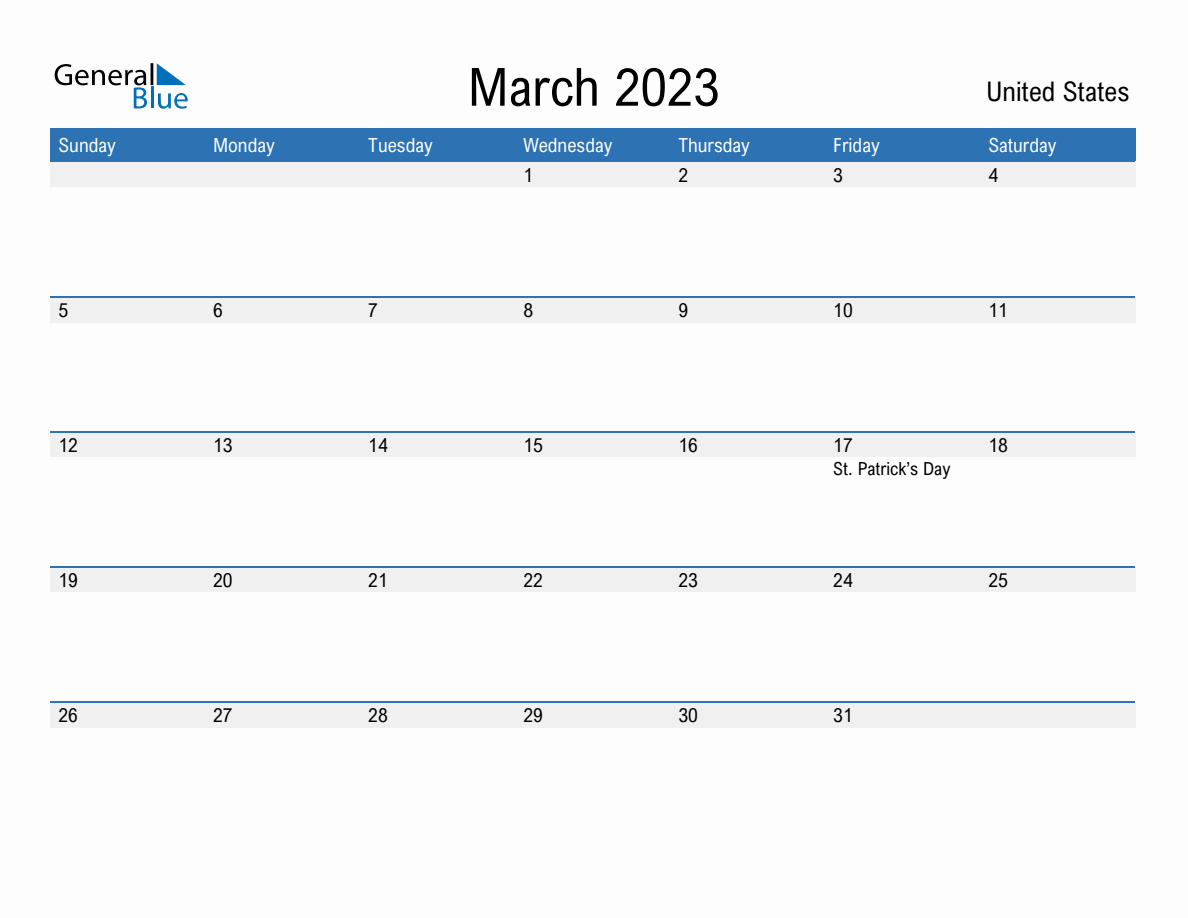 March 2023 Monthly Calendars with United States Holidays