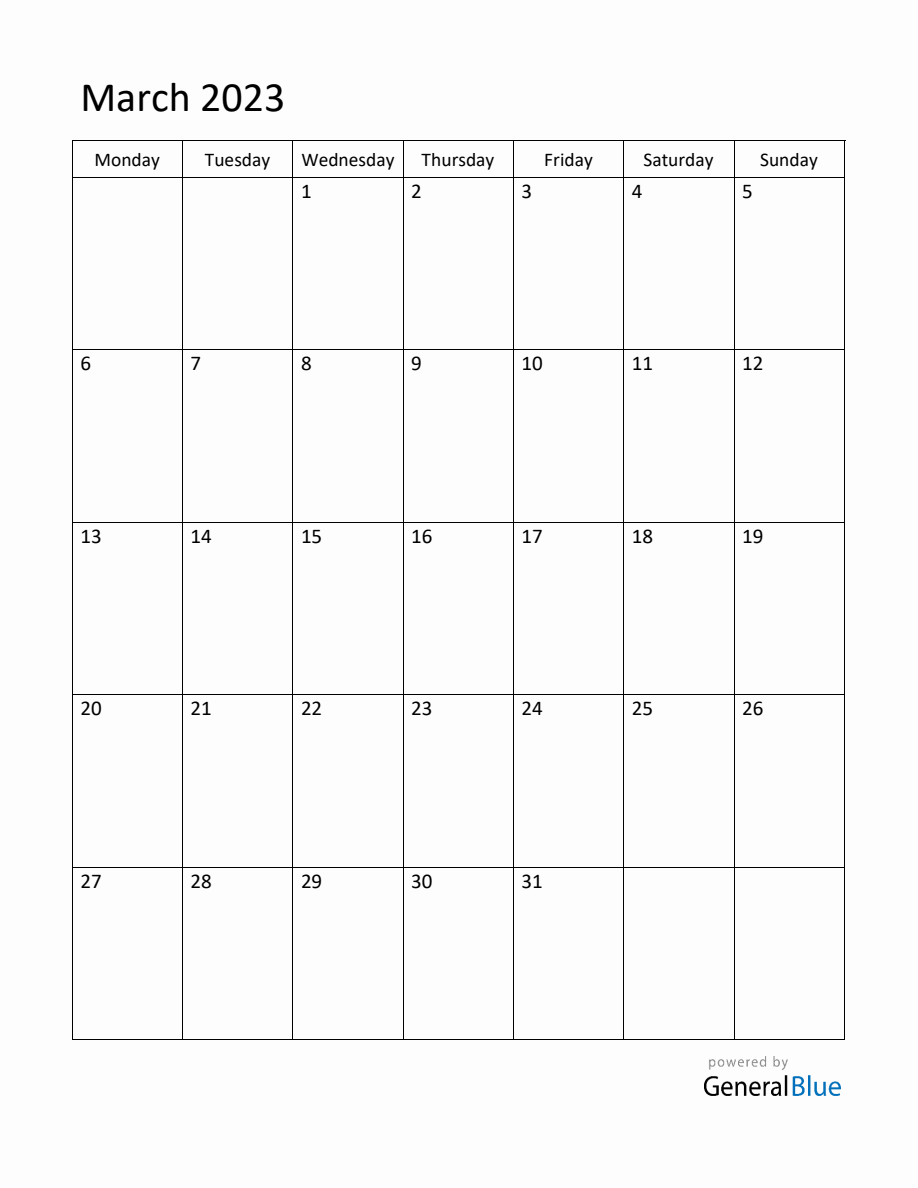 Editable March 2023 Monthly Calendar