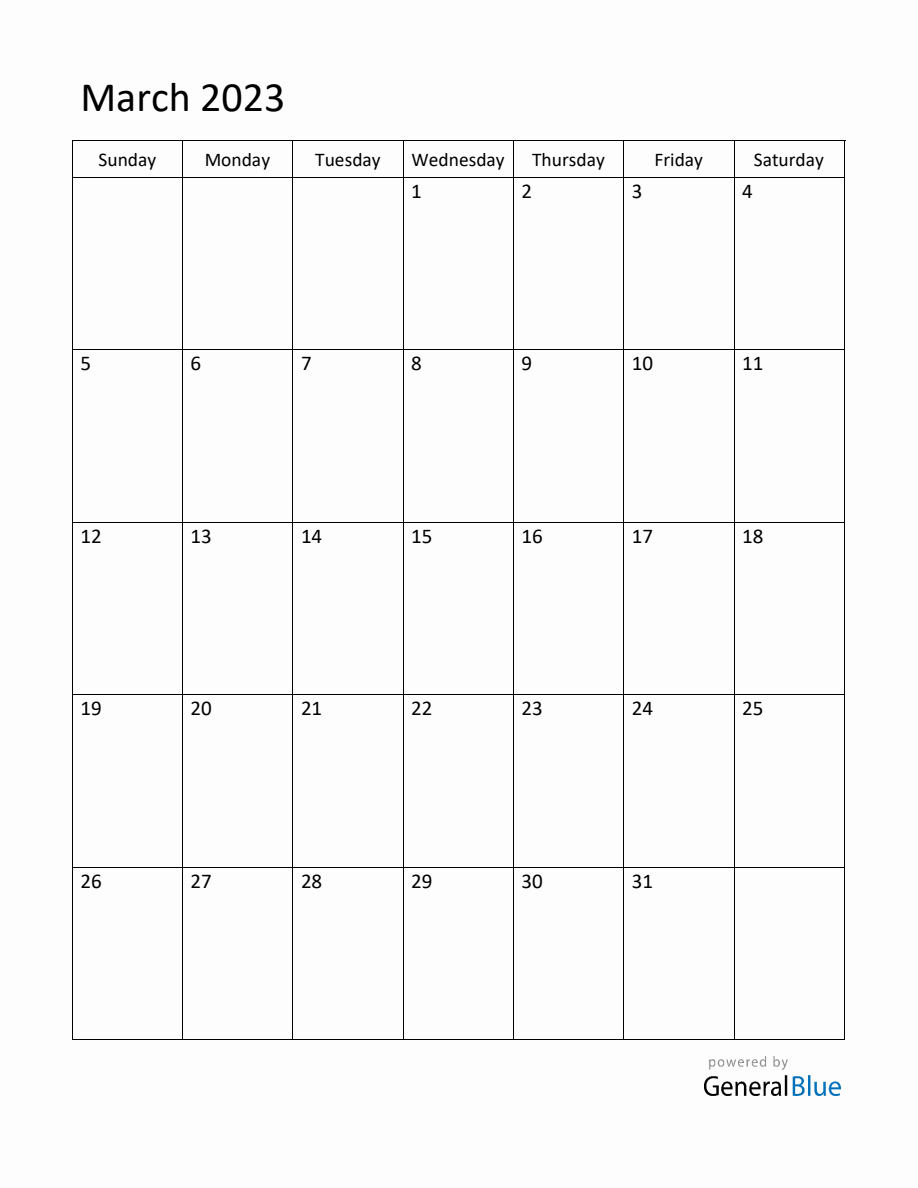 Editable March 2023 Monthly Calendar