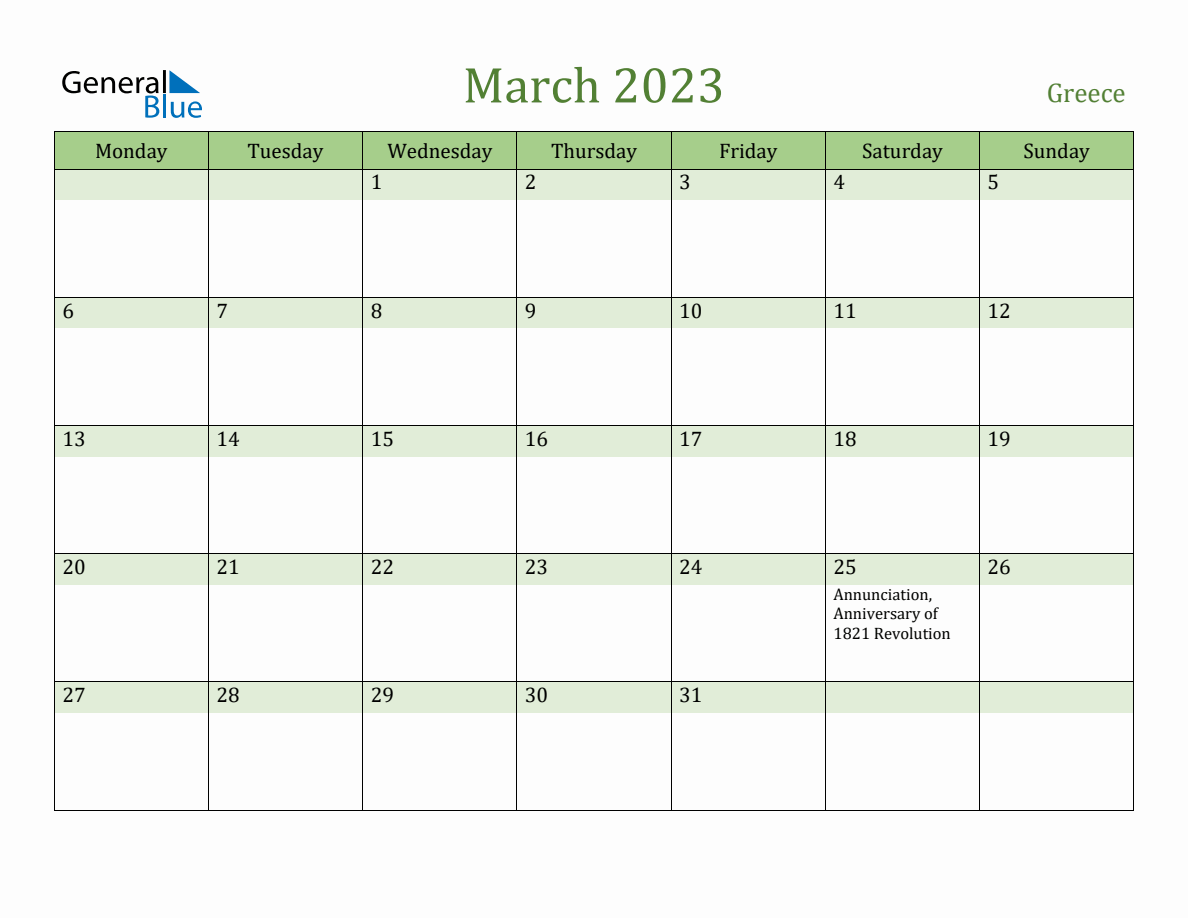 Fillable Holiday Calendar for Greece - March 2023 (Monday Start)