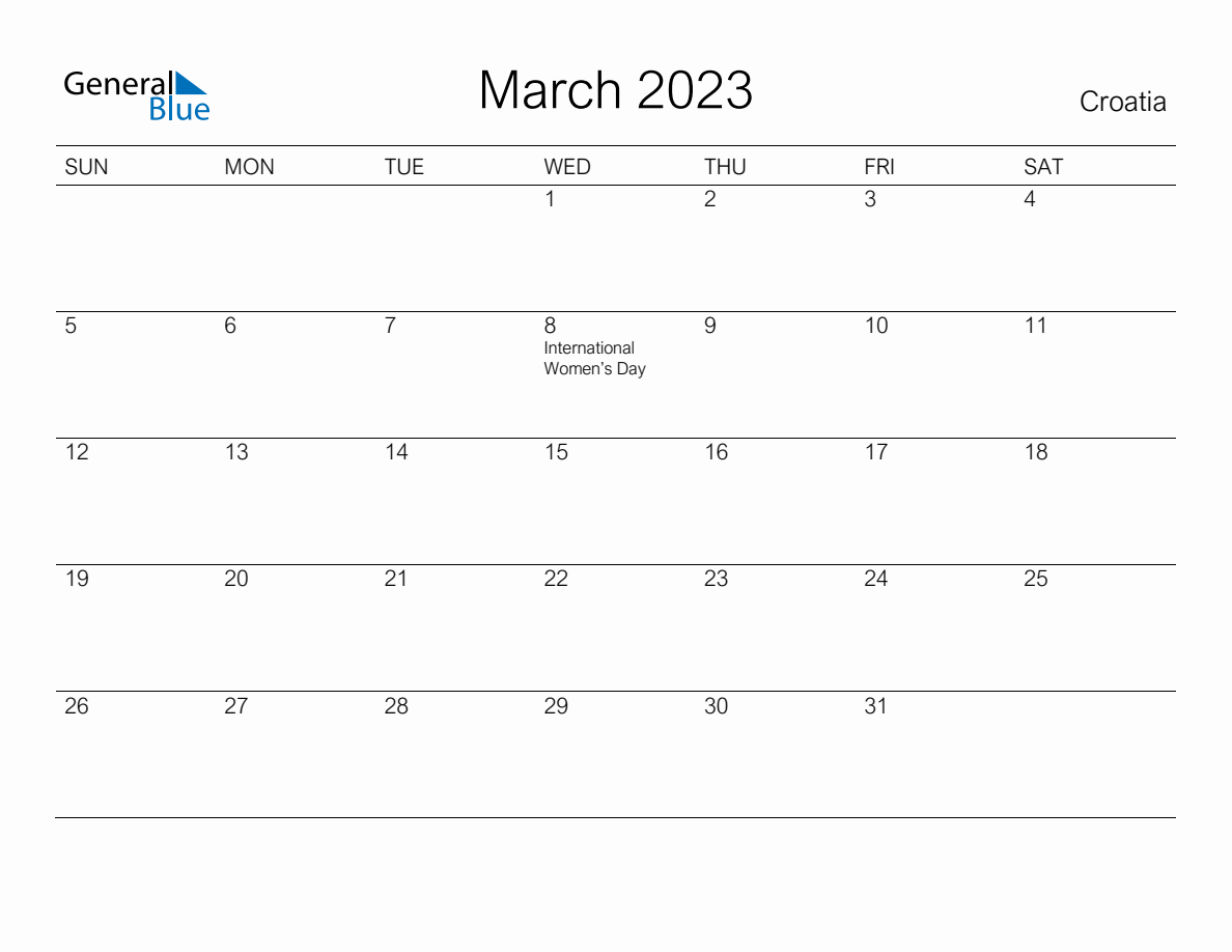Printable March 2023 Monthly Calendar with Holidays for Croatia