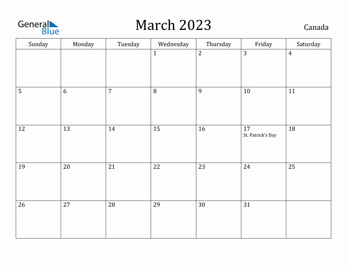 March 2023 Monthly Calendar with Canada Holidays