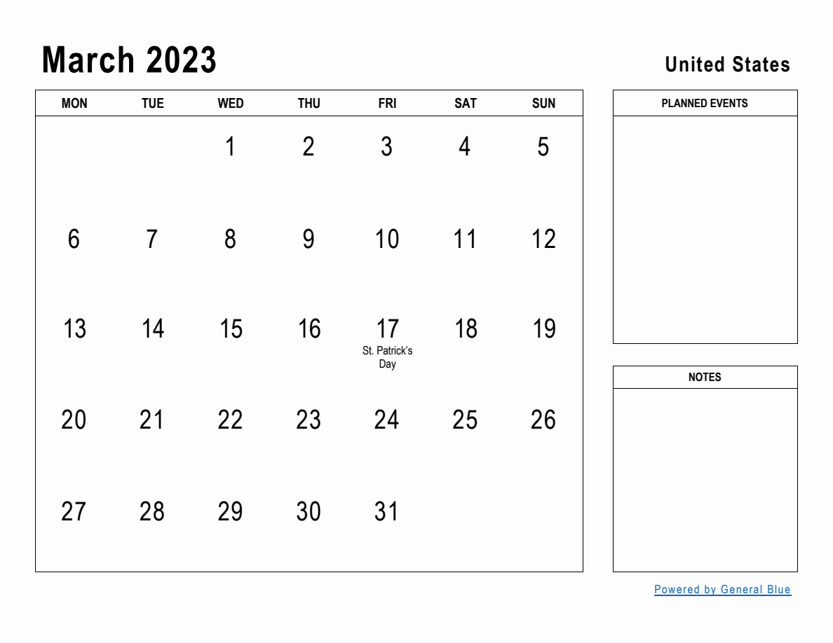 March 2023 Planner with United States Holidays