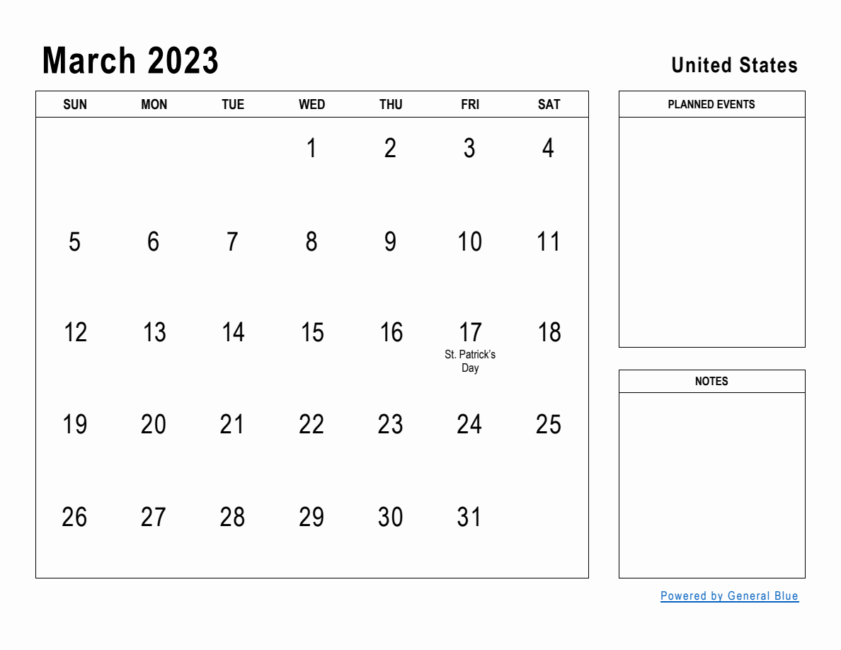 March 2023 Planner with United States Holidays