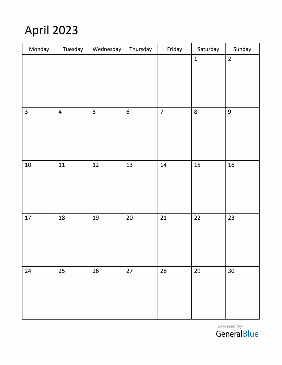 Editable April 2023 Monthly Calendar - Monday Start