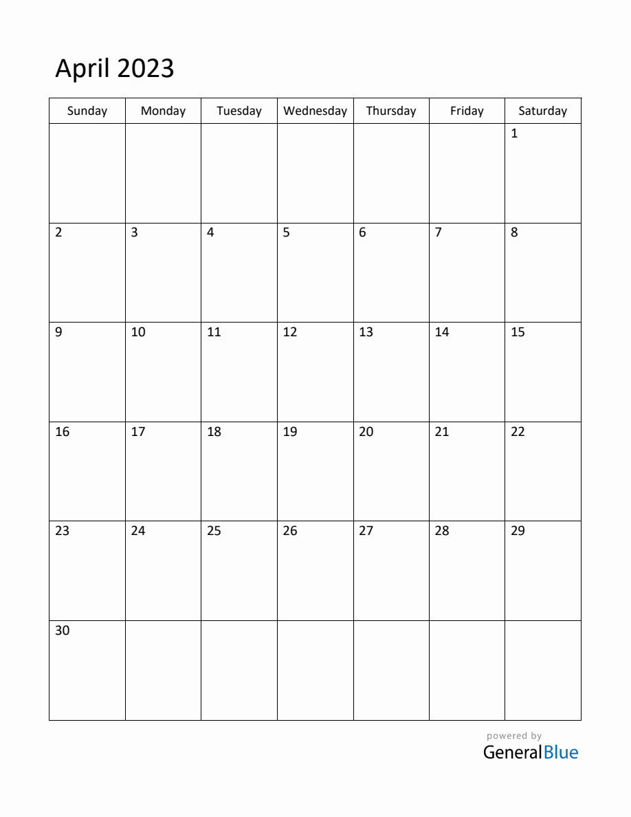 Editable April 2023 Monthly Calendar