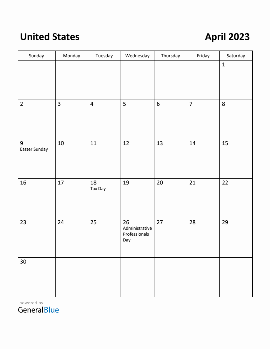 Free Printable April 2023 Calendar for United States