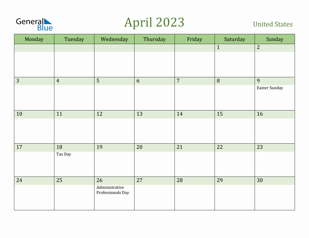 Fillable Holiday Calendar for United States - April 2023