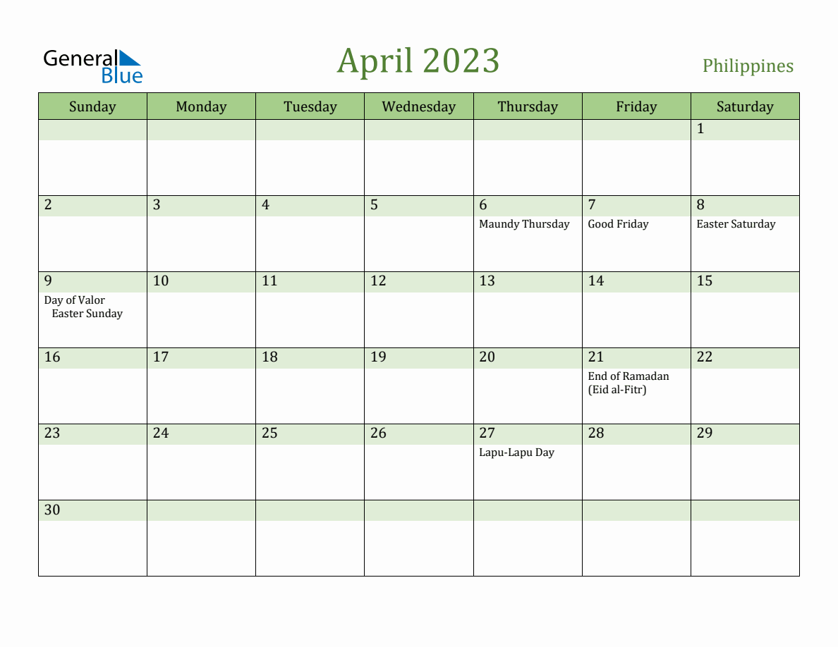 Fillable Holiday Calendar for Philippines - April 2023