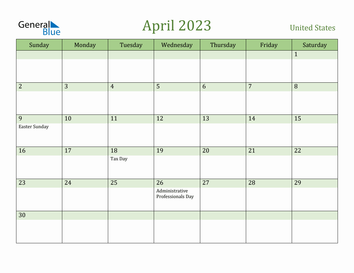 Fillable Holiday Calendar for United States - April 2023
