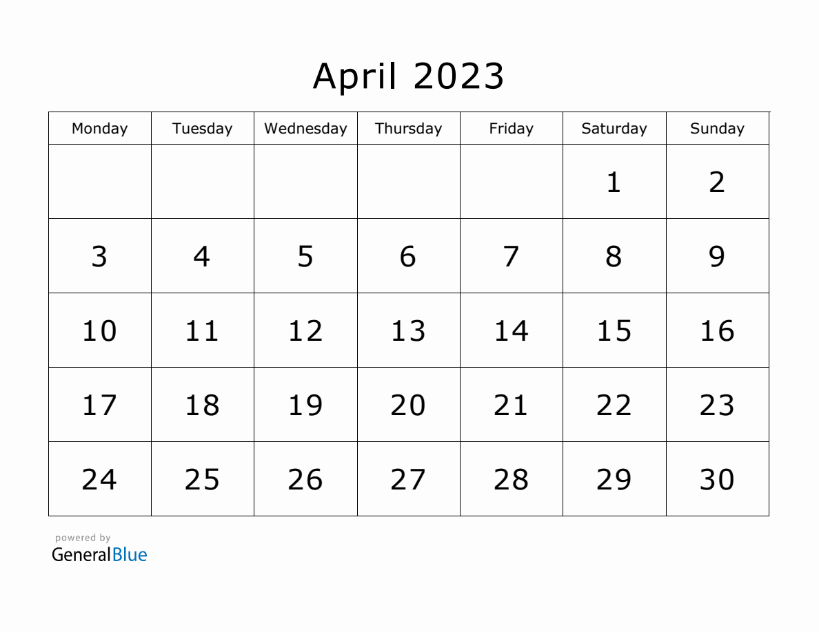 Printable April 2023 Calendar - Monday Start