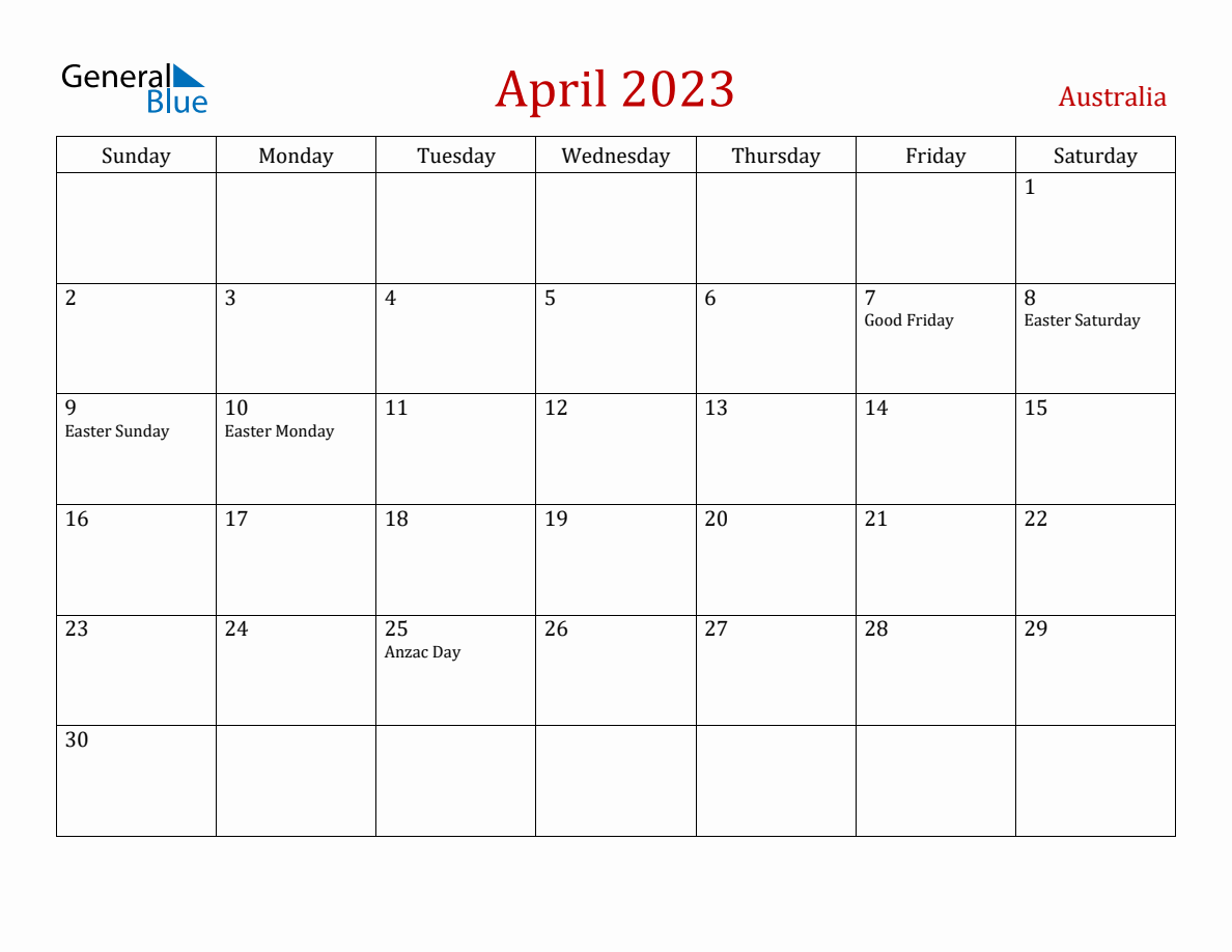 April 2023 Australia Monthly Calendar with Holidays