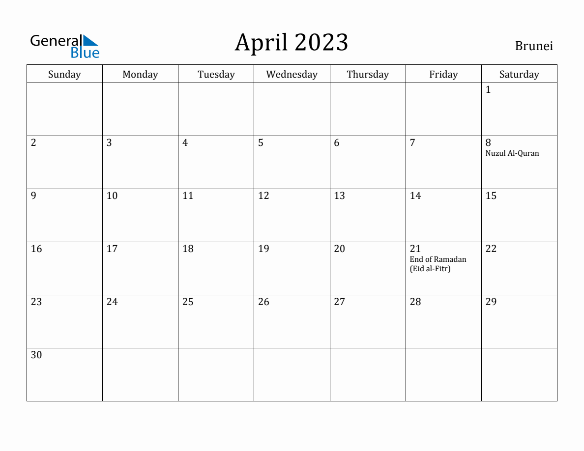 April 2023 Monthly Calendar with Brunei Holidays