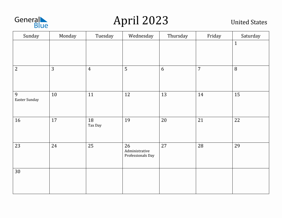 April 2023 Monthly Calendar with United States Holidays