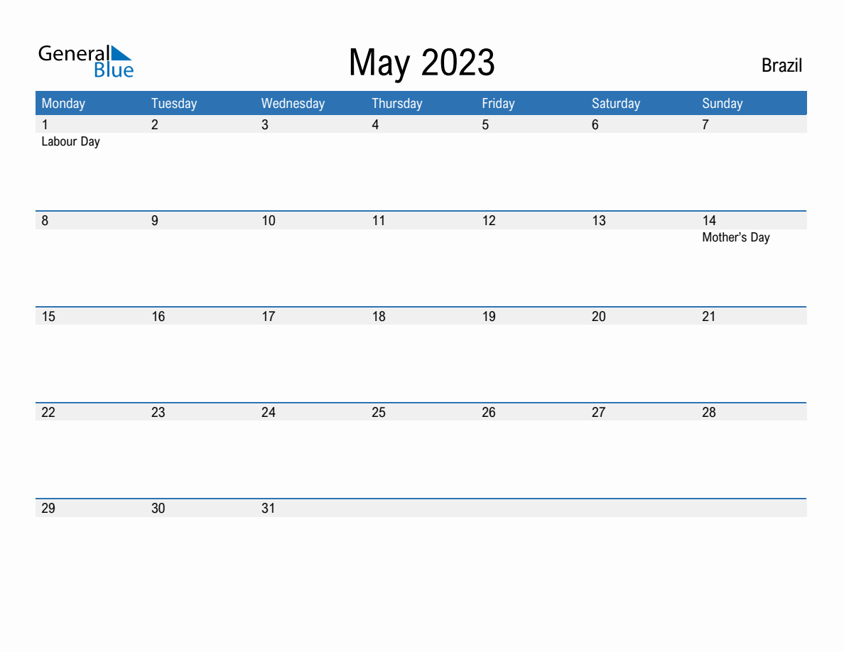 Editable May 2023 Calendar with Brazil Holidays (Monday Start)