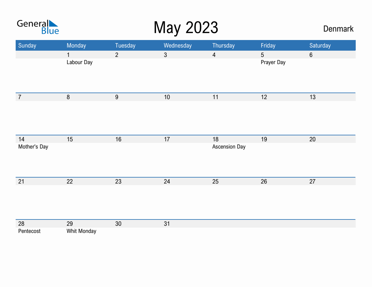 Editable May 2023 Calendar with Denmark Holidays