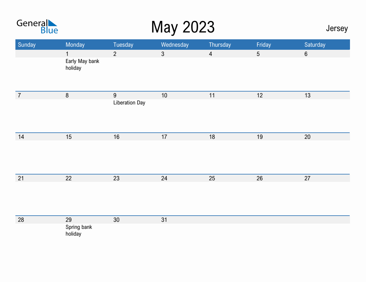 Editable May 2023 Calendar with Jersey Holidays