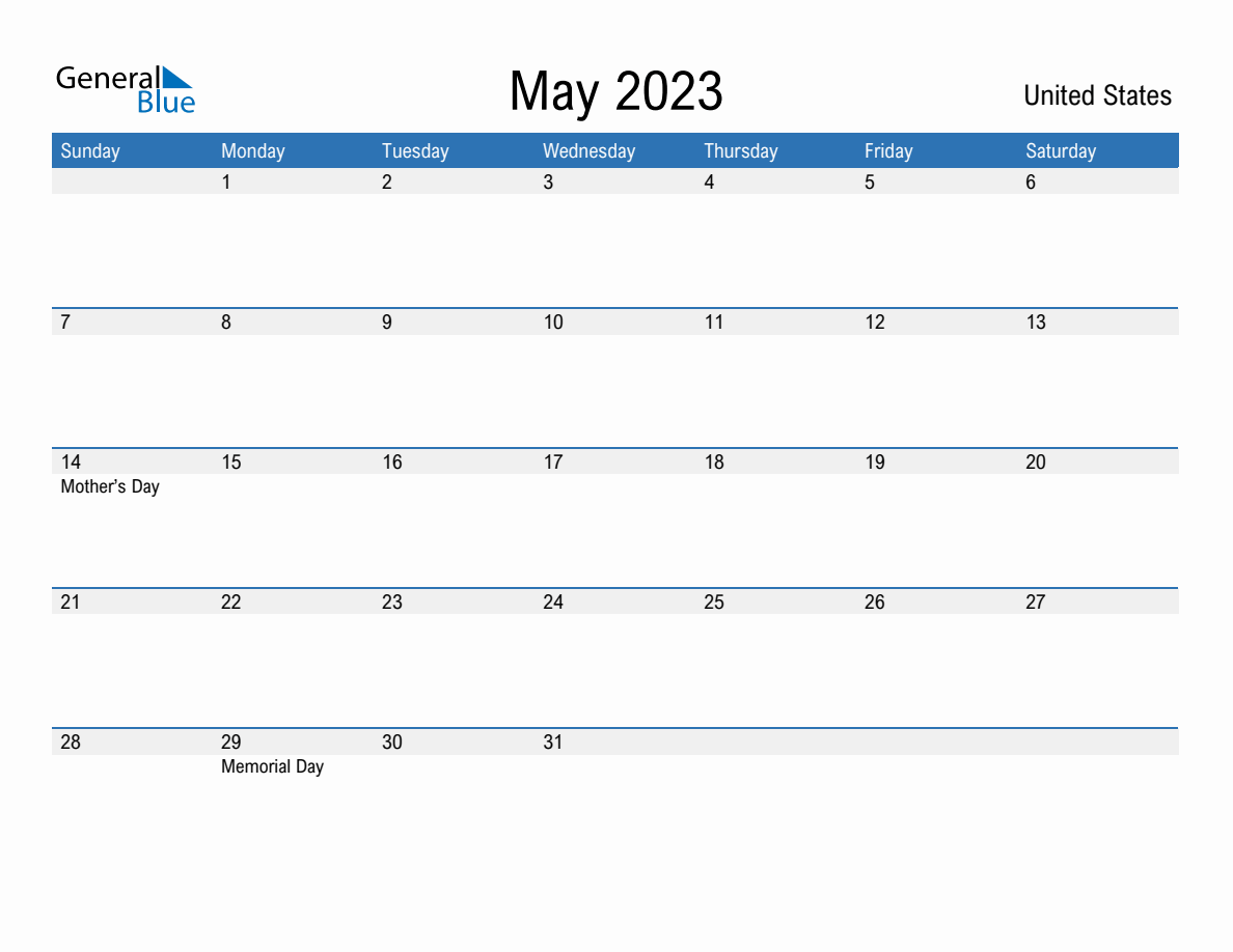 May 2023 Monthly Calendars with United States Holidays