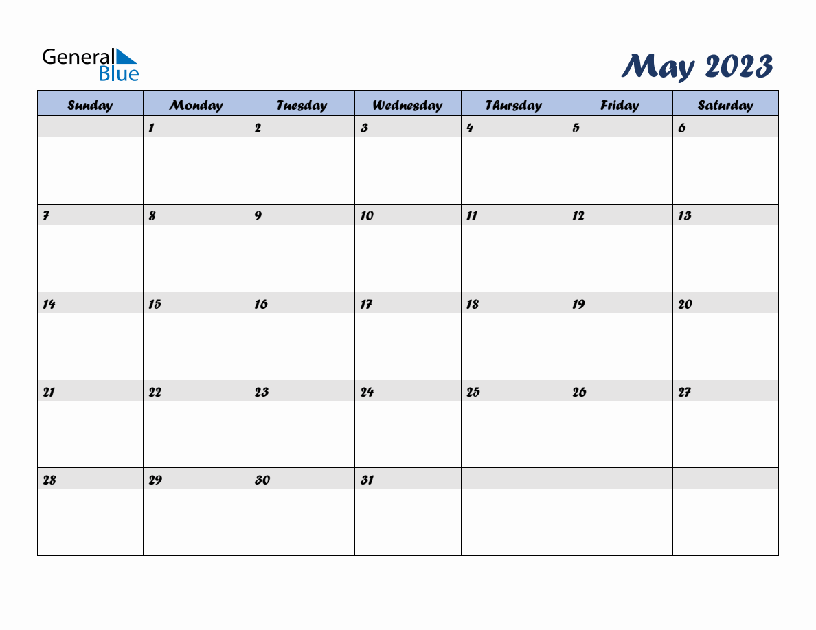 Free May 2023 Monthly Editable Calendar, starting on Sunday