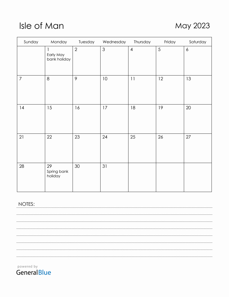 May 2023 Isle of Man Calendar with Holidays