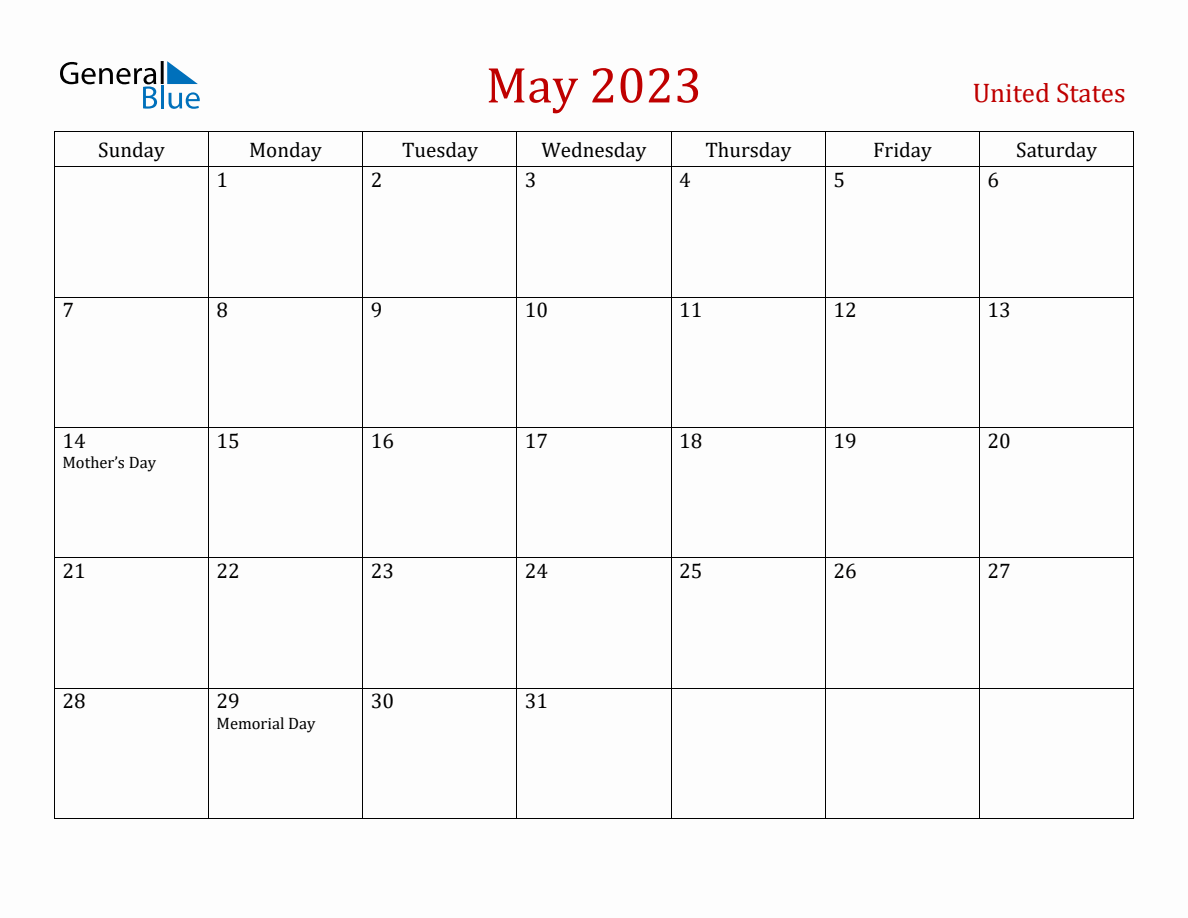 May 2023 United States Monthly Calendar with Holidays