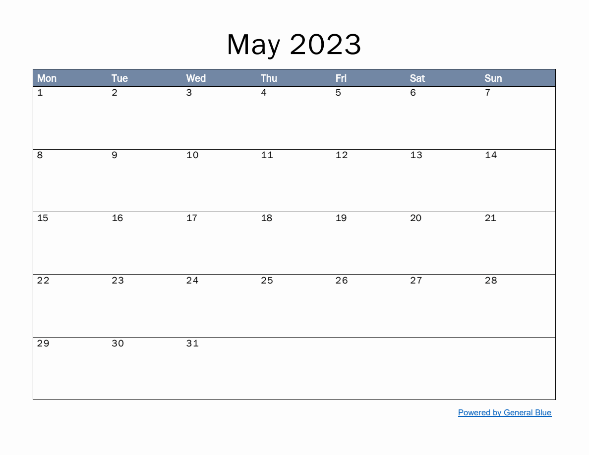 Monthly Calendar Template for May 2023 - Monday Start