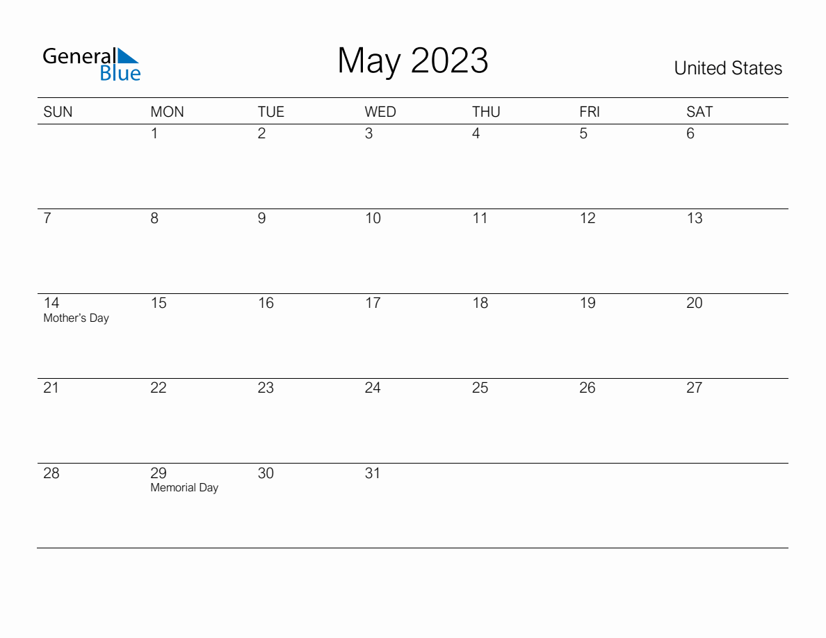 Printable May 2023 Monthly Calendar with Holidays for United States