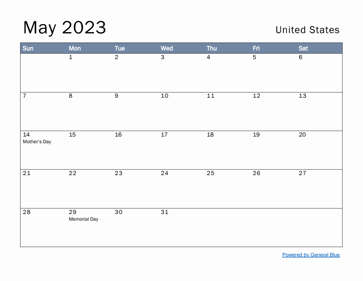 Free Monthly Calendar Template for May 2023 with United States Holidays