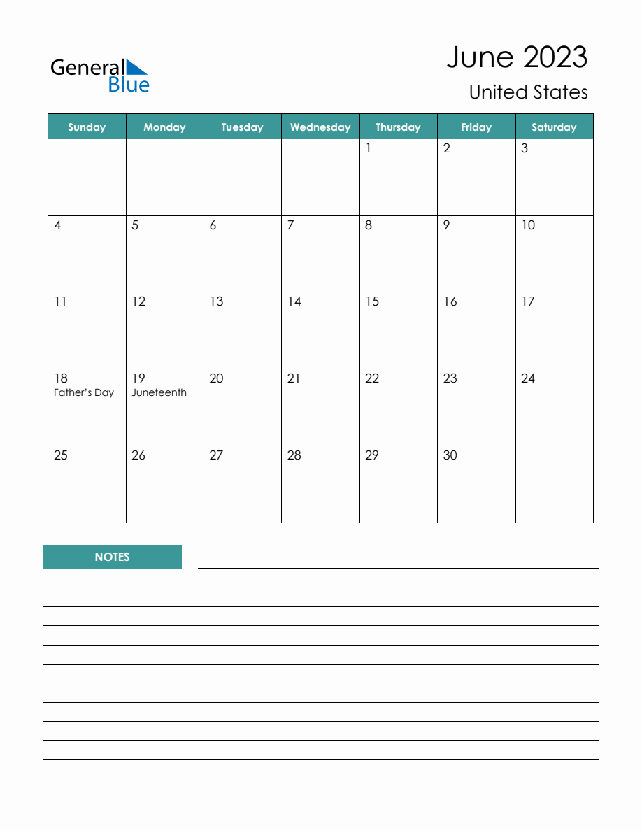 Monthly Planner with United States Holidays - June 2023