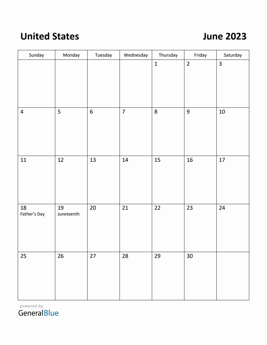 Free Printable June 2023 Calendar for United States