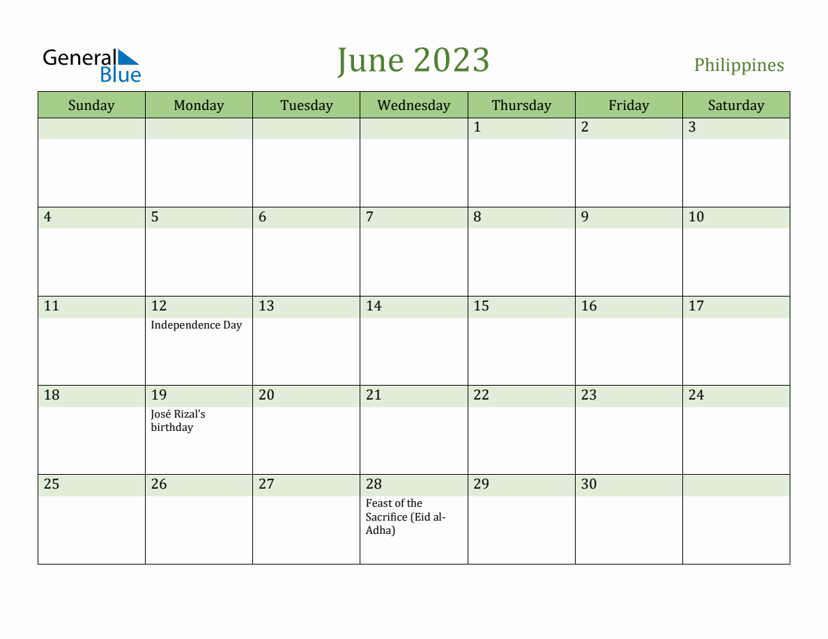Fillable Holiday Calendar for Philippines - June 2023
